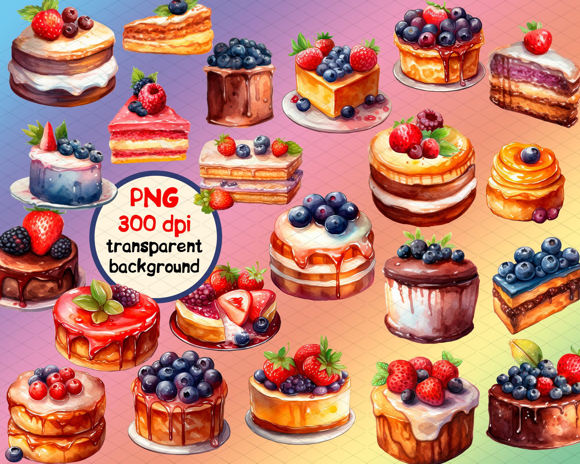 22 PNG Pies Clipart Set Watercolor Cake Digital Images Chocolate Pie ...