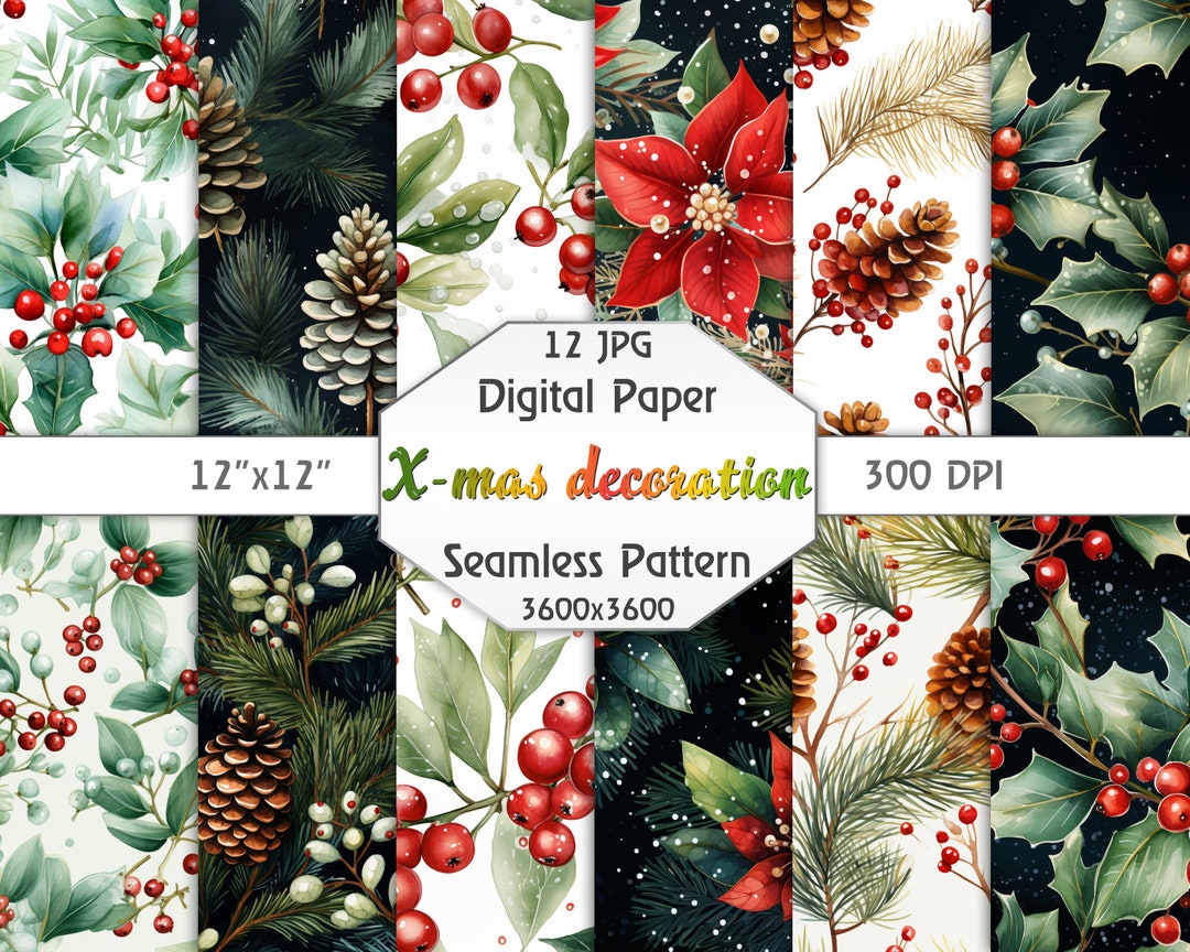 Watercolor X-mas Decoration 12 Digital Paper Christmas Pack Designs ...