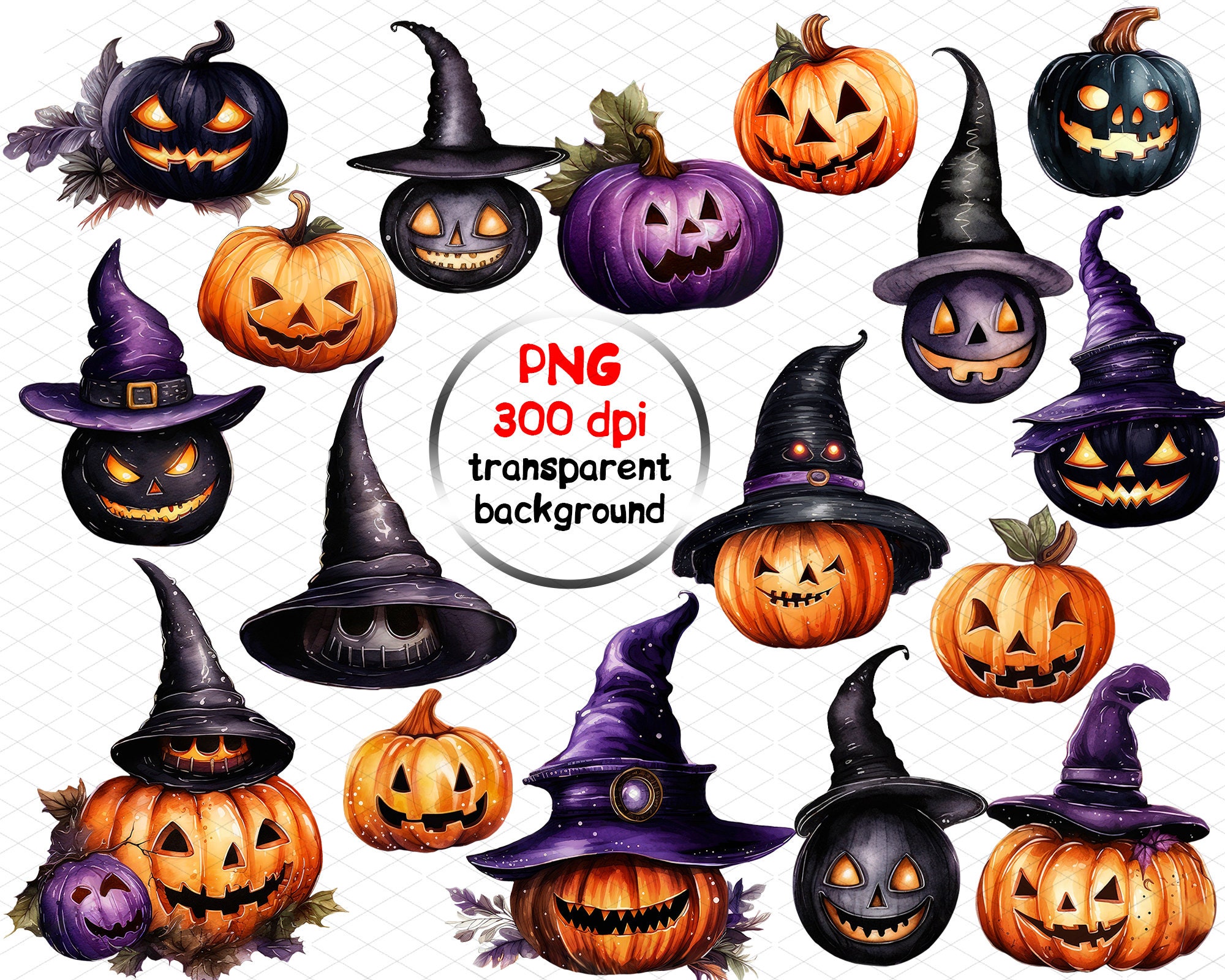 16 PNG Halloween Pumpkins Clipart Set Watercolor Cute - Etsy