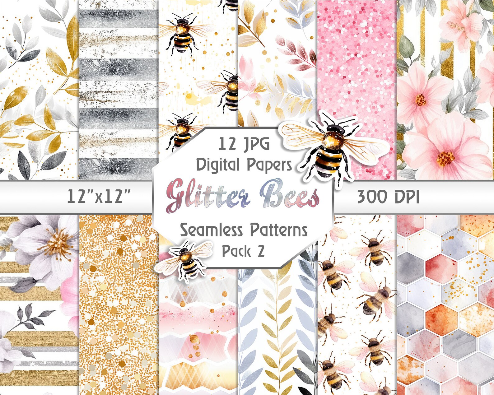 Seamless Gold Honey Bee Patterns, Printable Scrapbooking Digital Paper ...