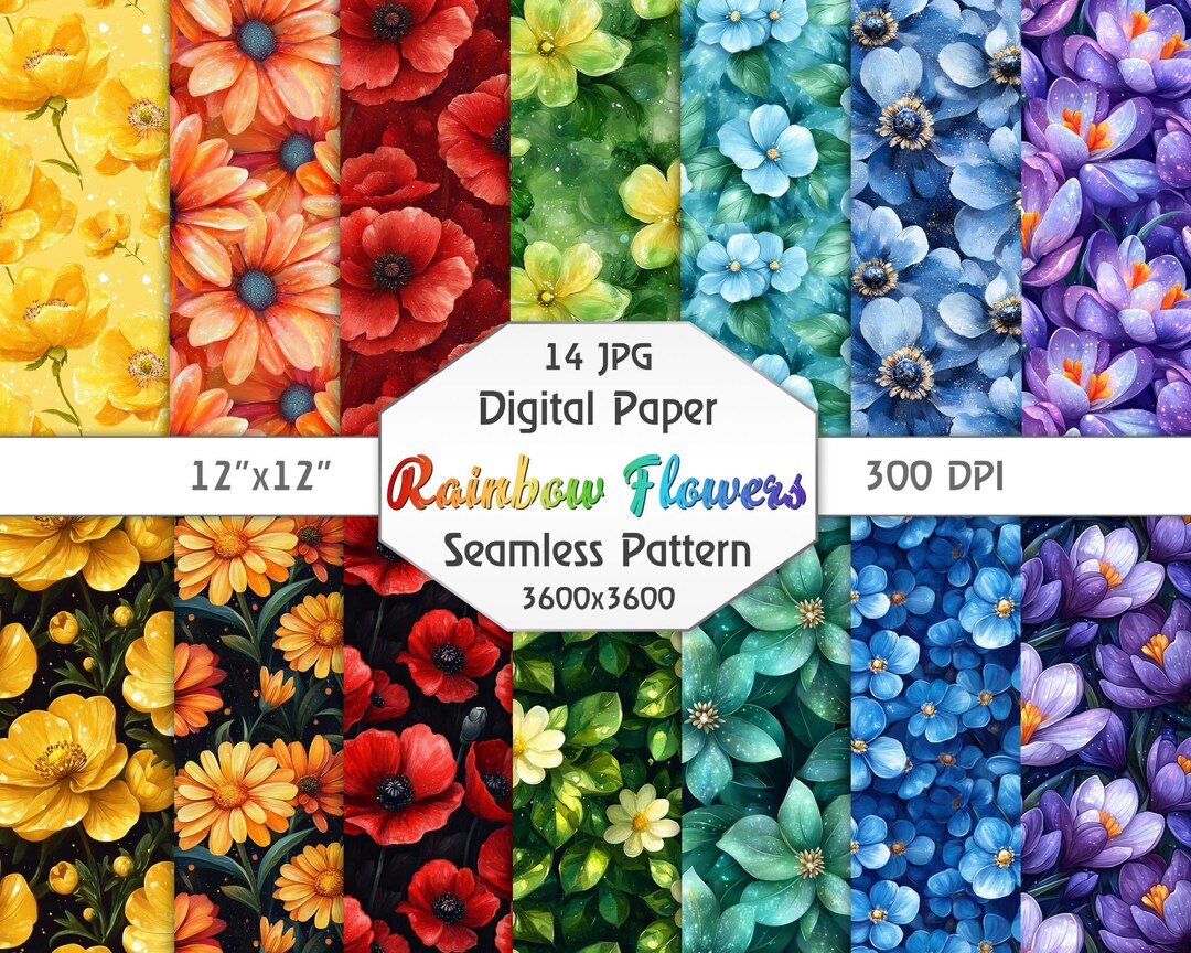 Floral Flowers Seamless Digital Paper Set - Rainbow Floral Seamless ...