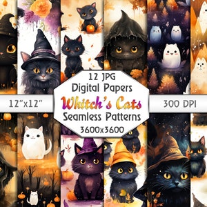 12 Seamless Patterns Witch's Cats, Watercolor Halloween Digital Papers ...