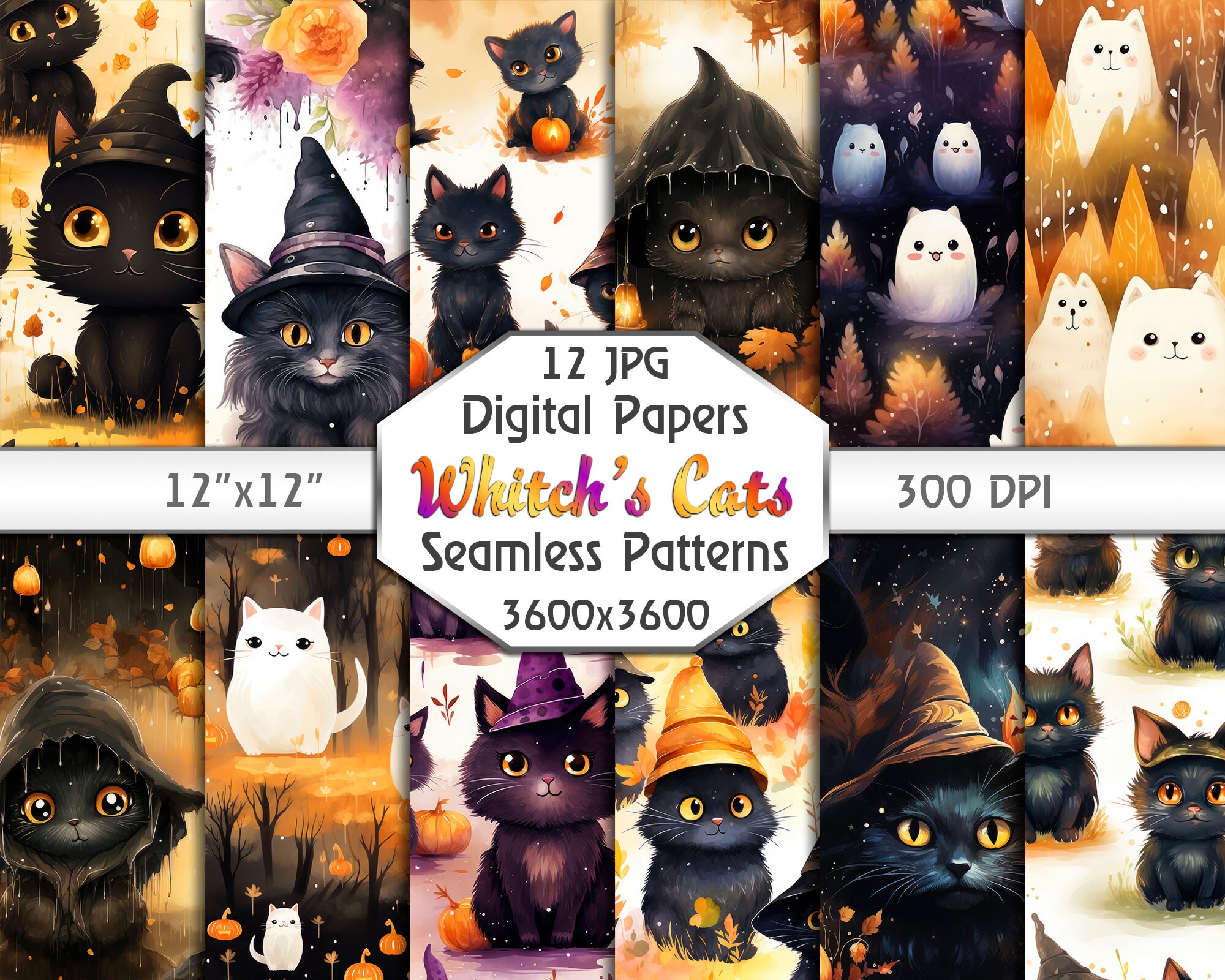 12 Seamless Patterns Witch's Cats, Watercolor Halloween Digital Papers ...