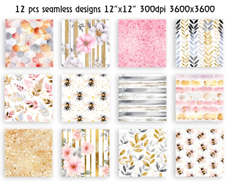 Seamless Gold Honey Bee Patterns, Printable Scrapbooking Digital Paper ...