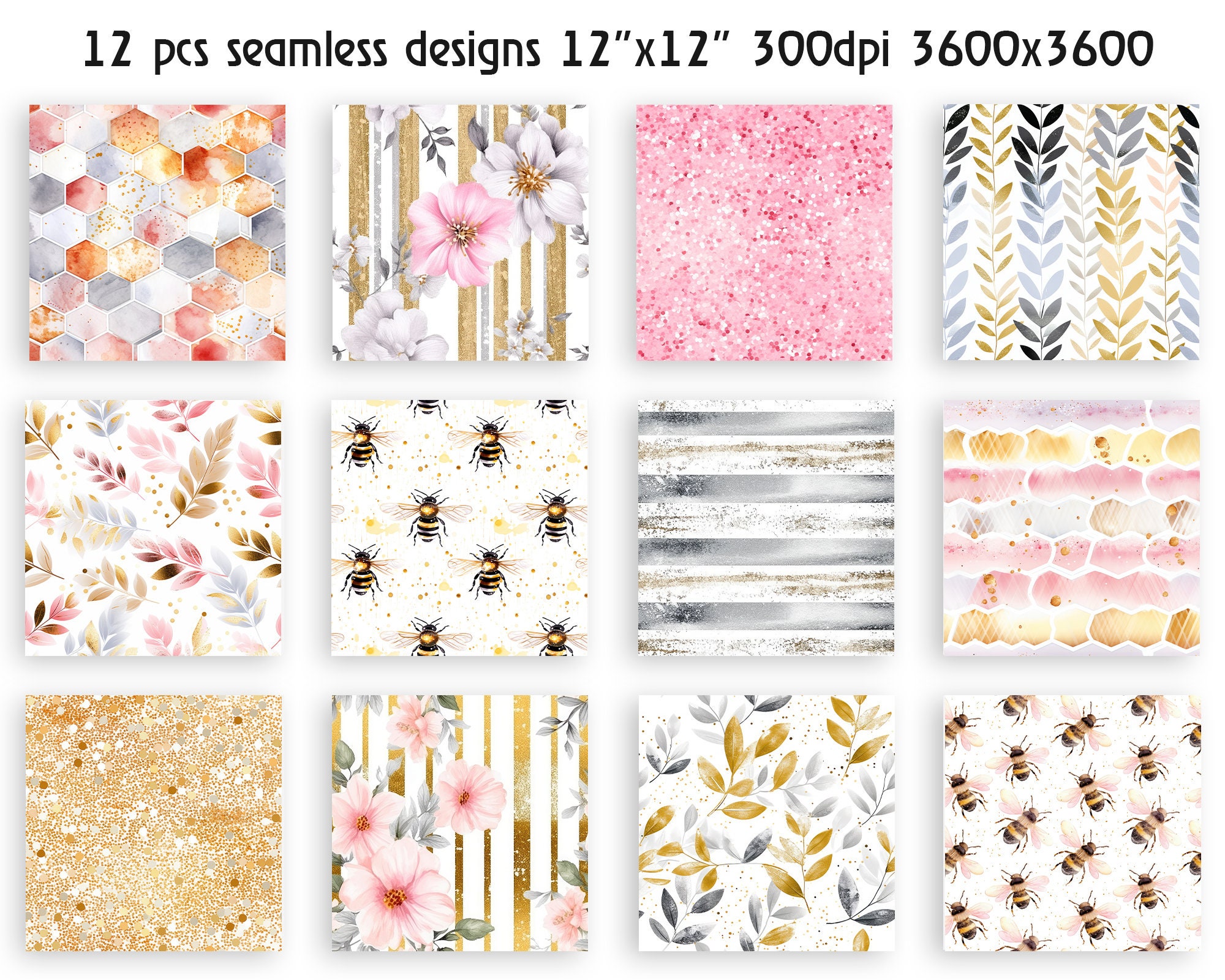 Seamless Gold Honey Bee Patterns, Printable Scrapbooking Digital Paper ...