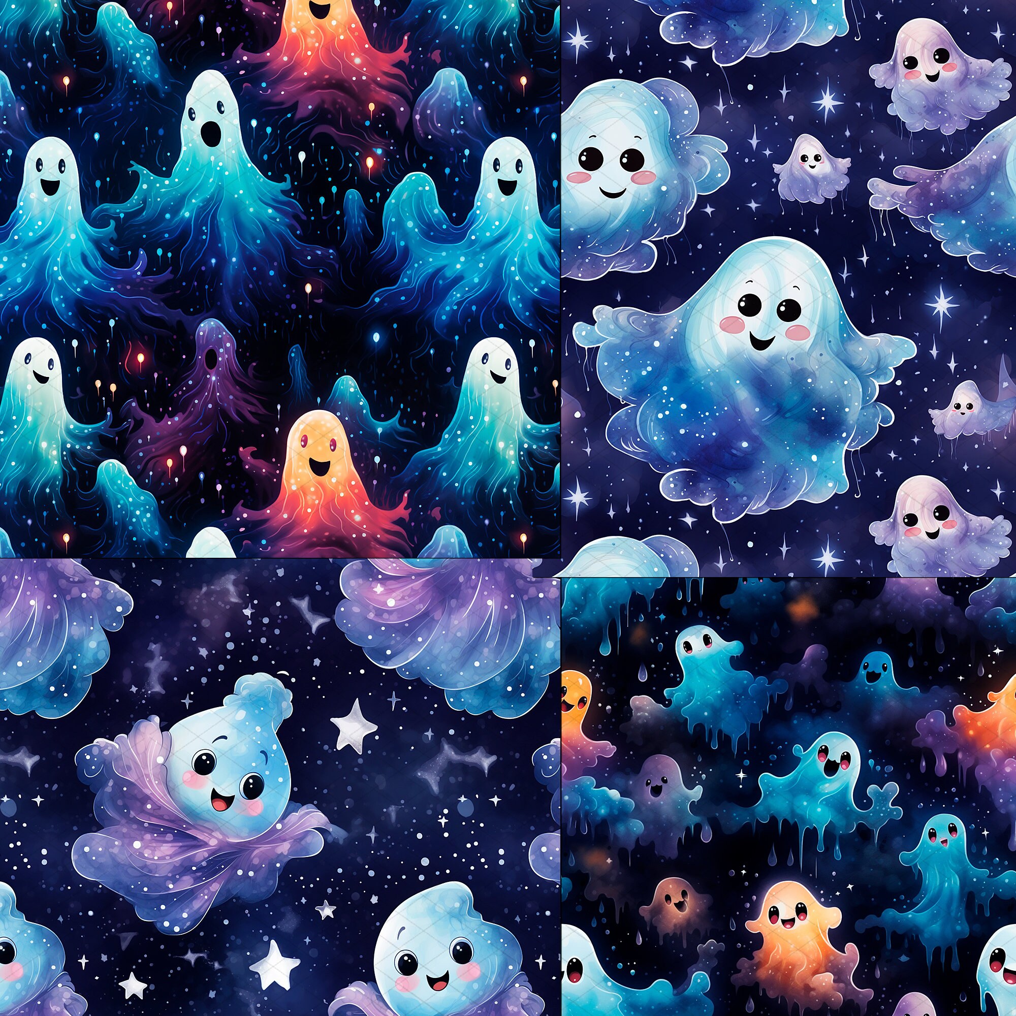 10 Crazy Ghosts Halloween Pattern, Watercolor Seamless Paper, Digital ...