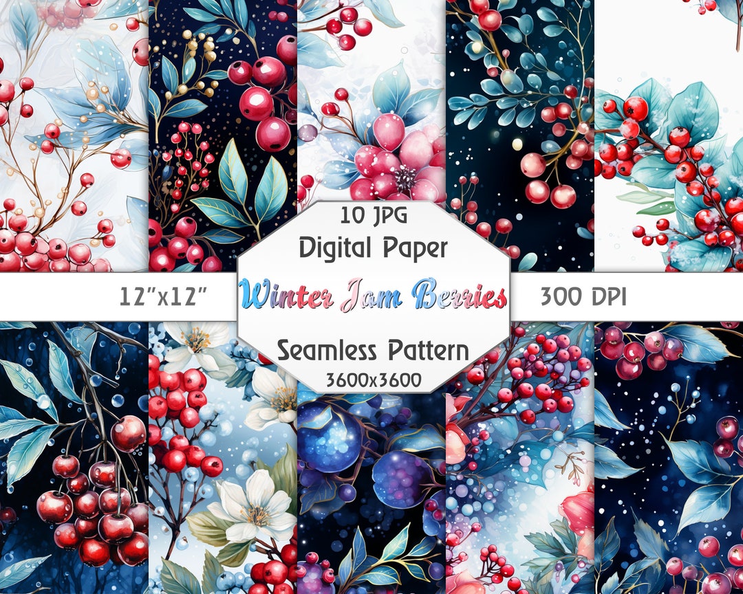 10 Digital Watercolor Paper Christmas Winter Berries Jam Pack Designs ...
