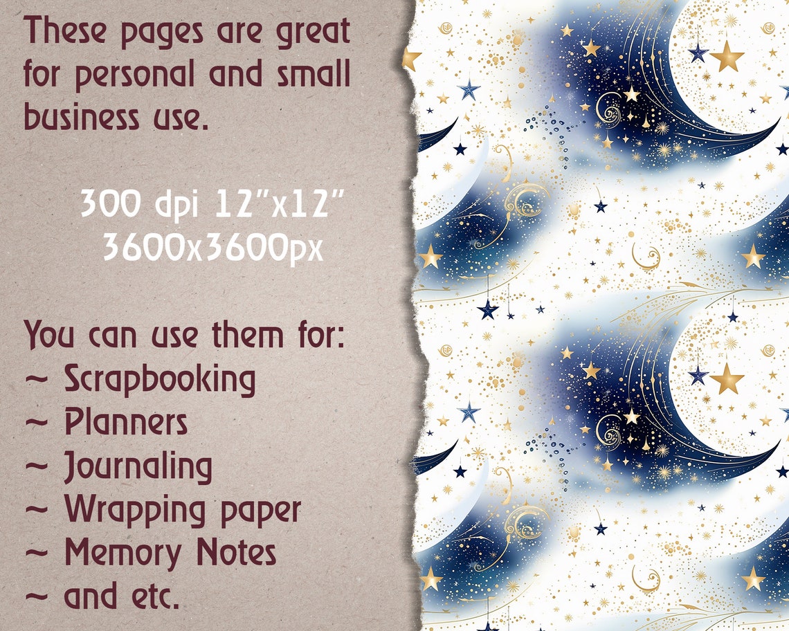 Celestial Starry Night Digital Paper, Magic Moon & Stars Seamless ...