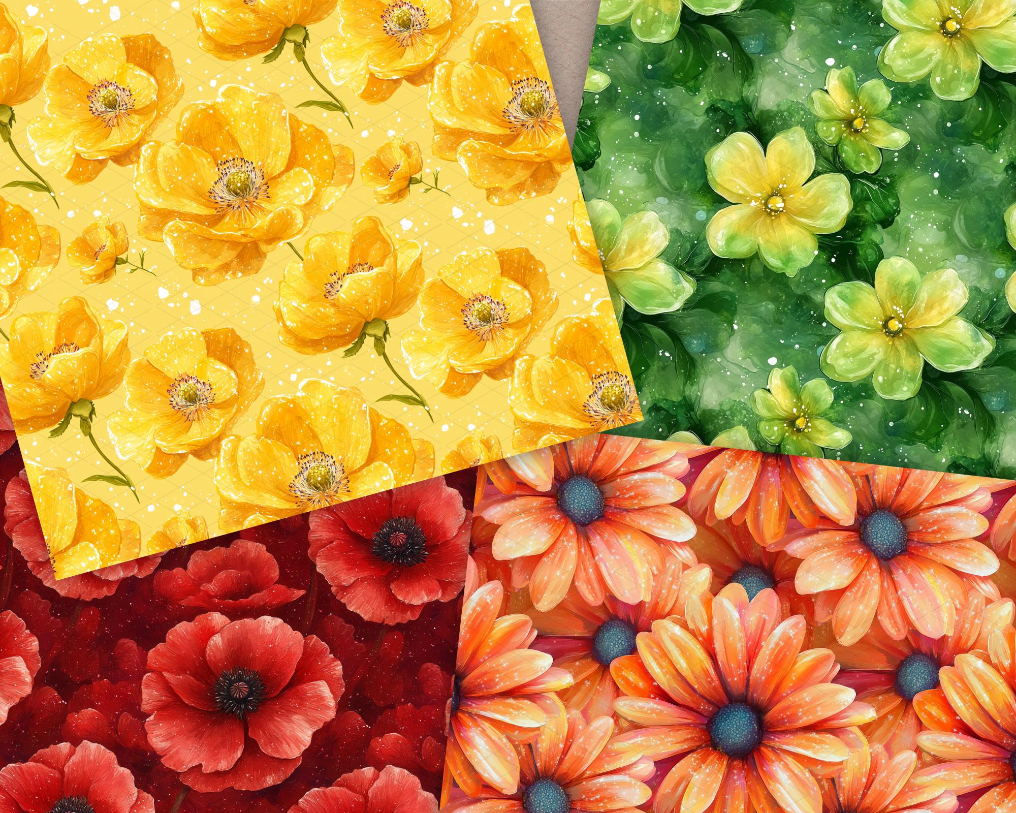 Floral Flowers Seamless Digital Paper Set Rainbow Floral Seamless
