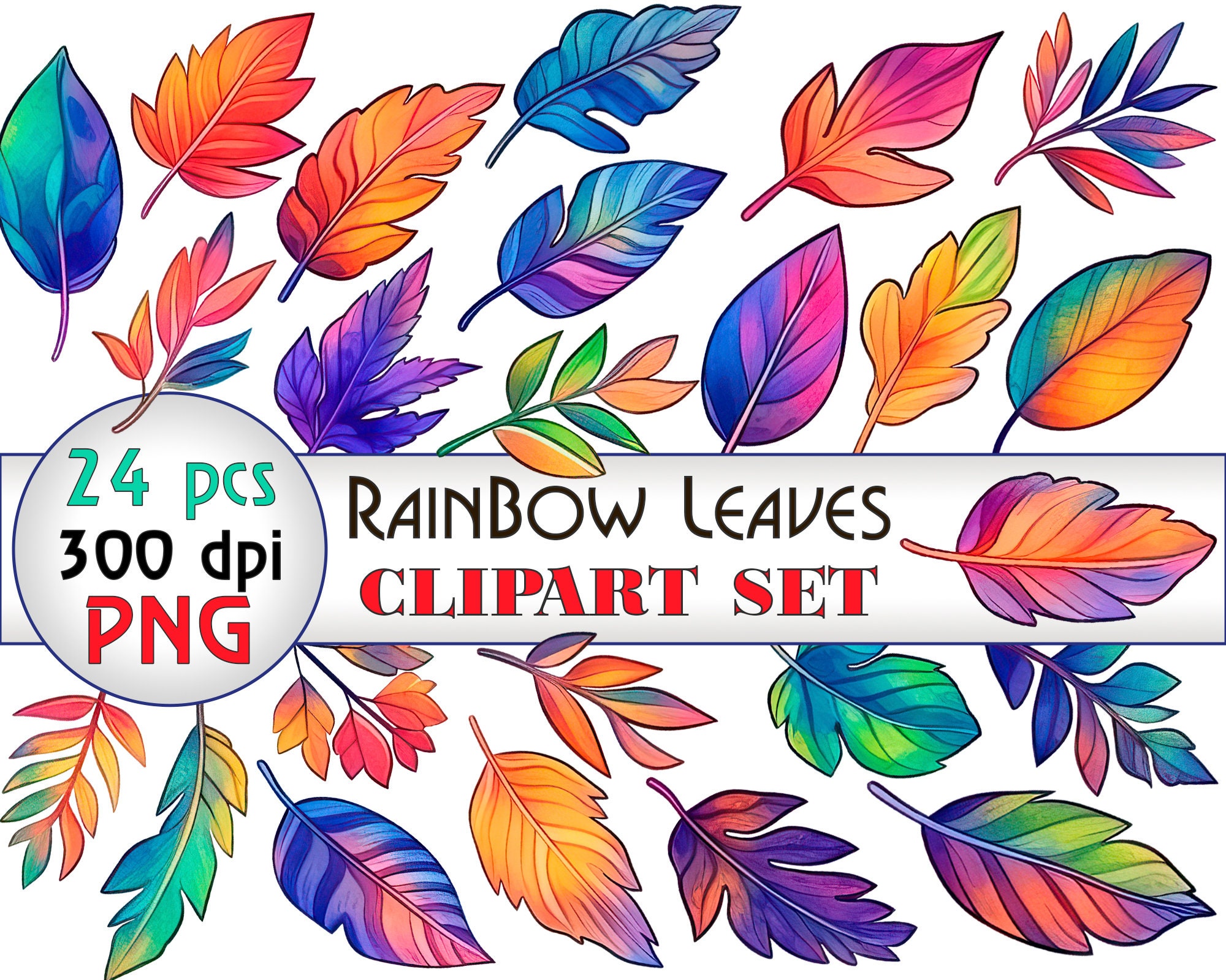 24 PNG Rainbow Leaves Clipart Set Holographic Leaves Digital Images ...