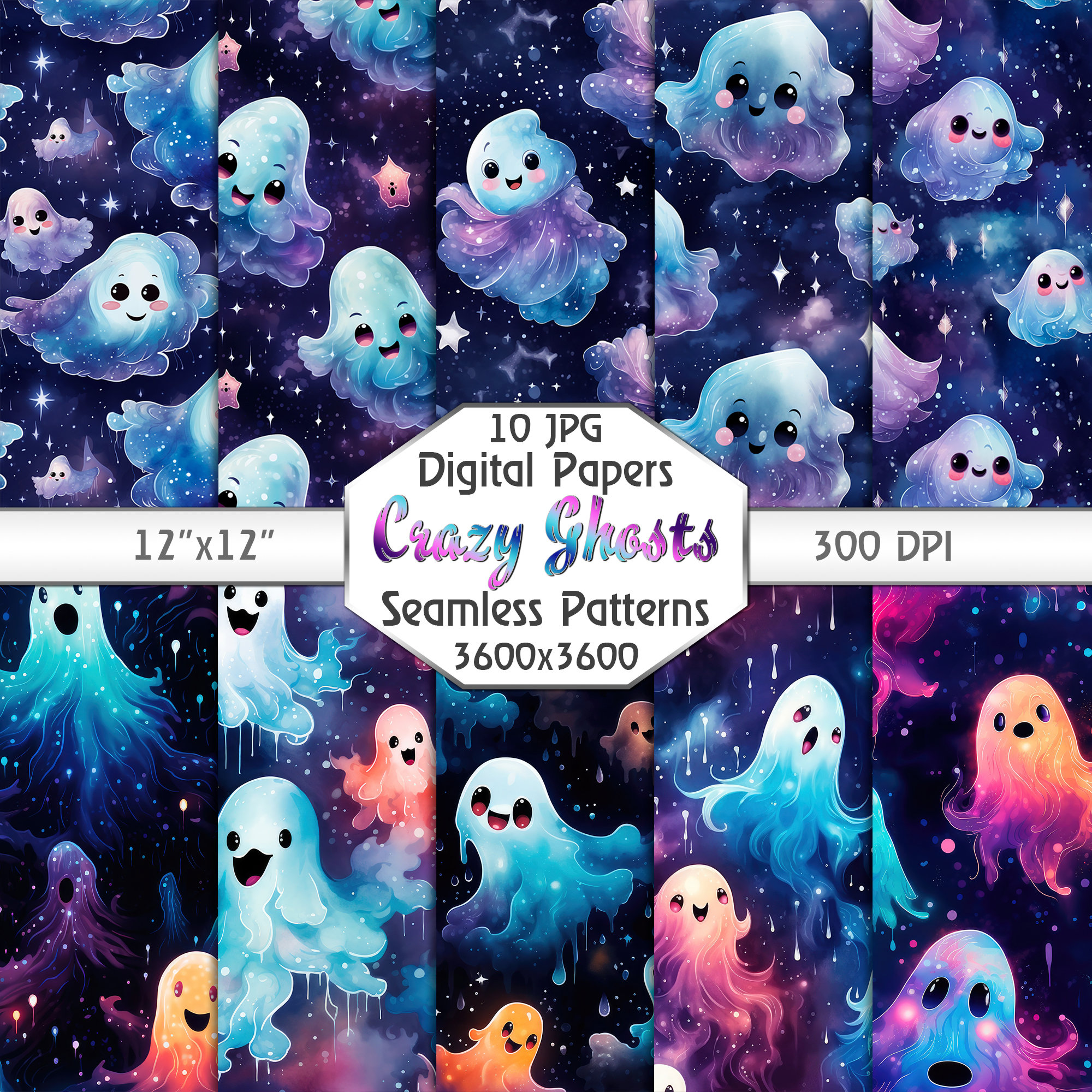 10 Crazy Ghosts Halloween Pattern, Watercolor Seamless Paper, Digital ...