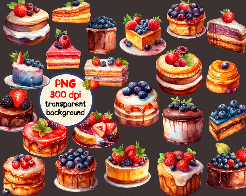 22 PNG Pies Clipart Set Watercolor Cake Digital Images Chocolate Pie ...