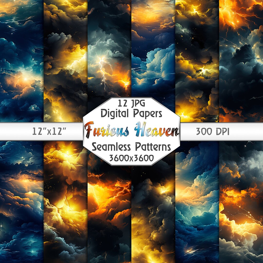 Lightning Bolt Clouds Digital Paper, Hell Sky Seamless Patterns ...