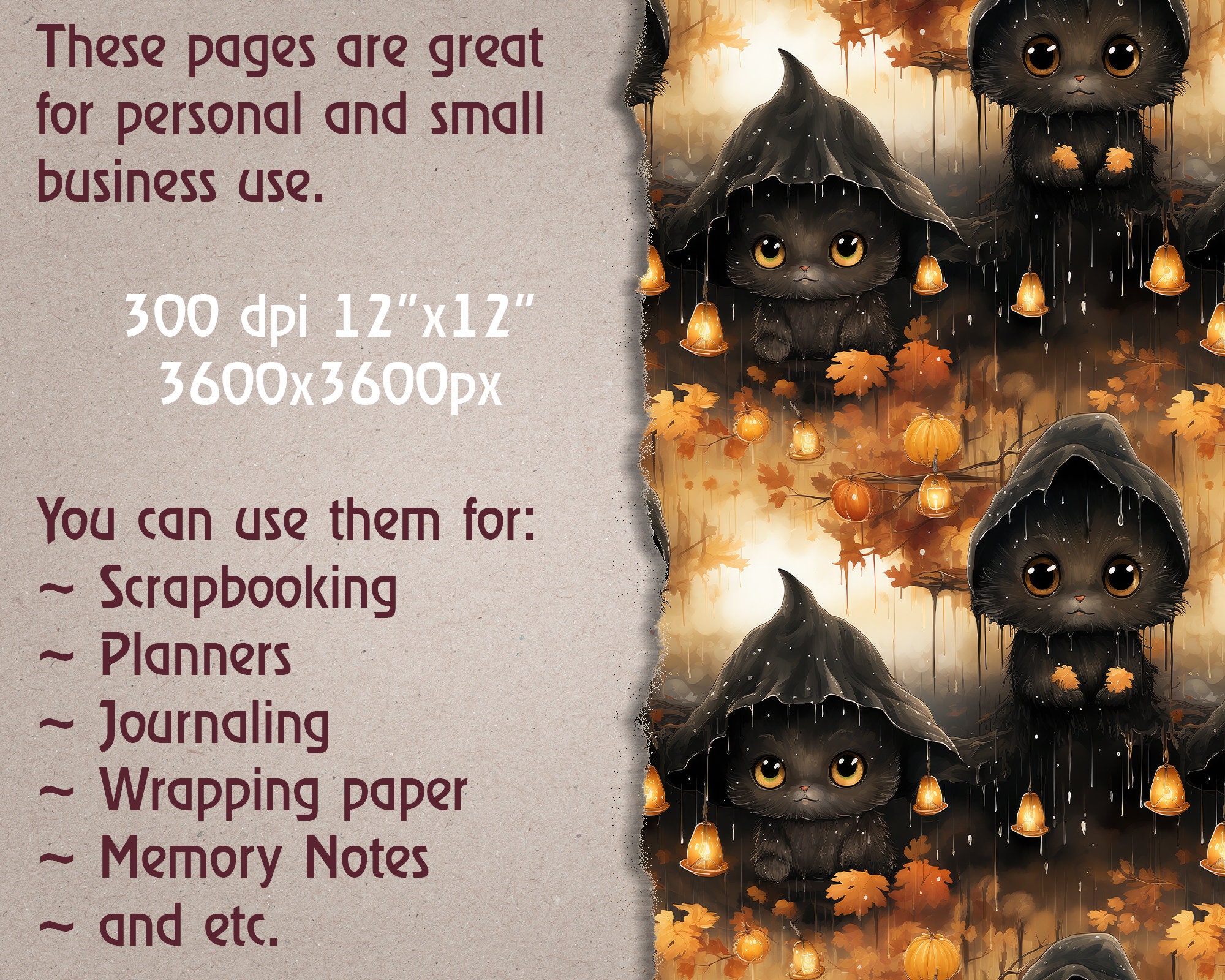 12 Seamless Patterns Witch's Cats, Watercolor Halloween Digital Papers ...