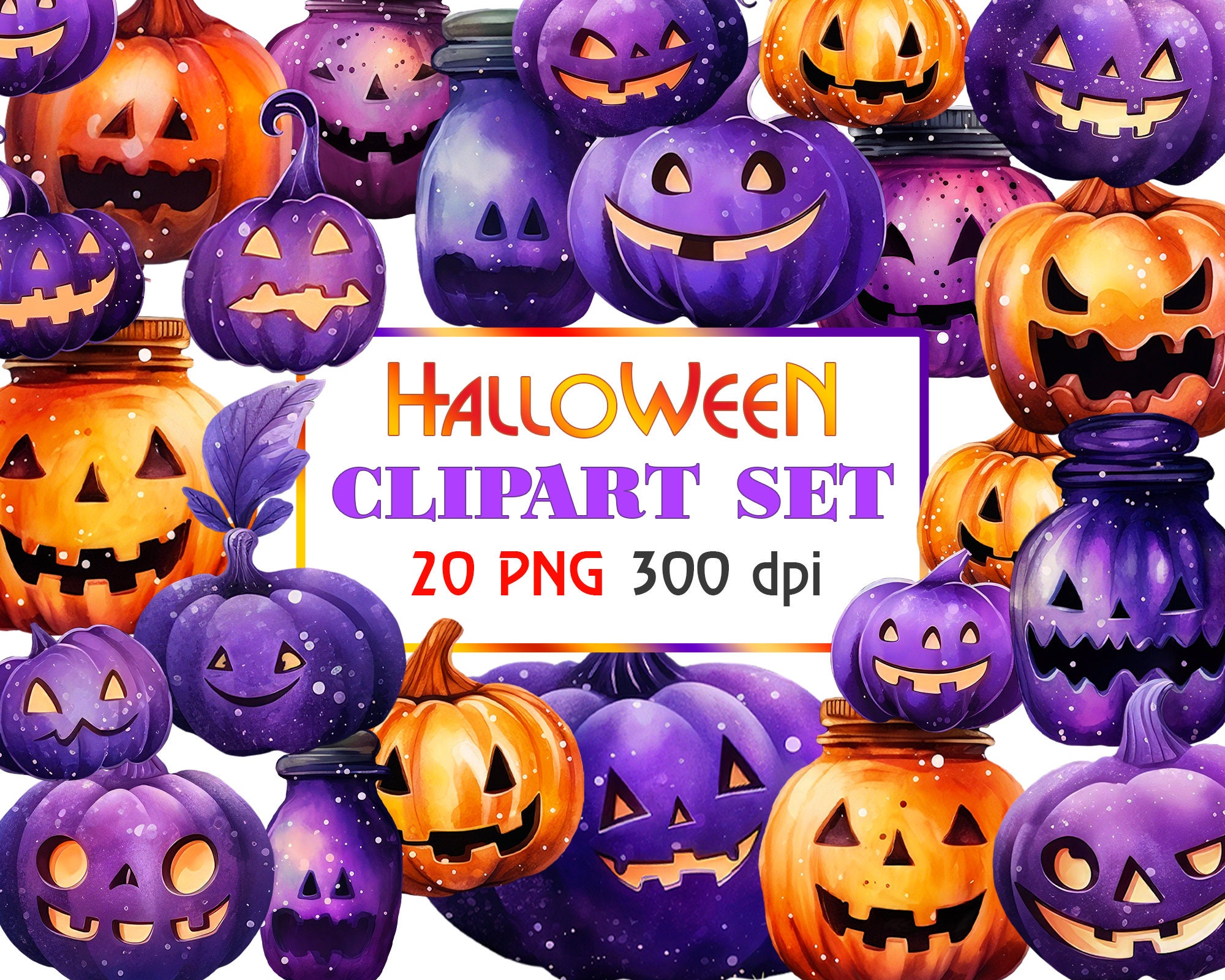 Crazy Halloween Pumpkins Clipart Set, 20 PNG Watercolor Happy Halloween ...