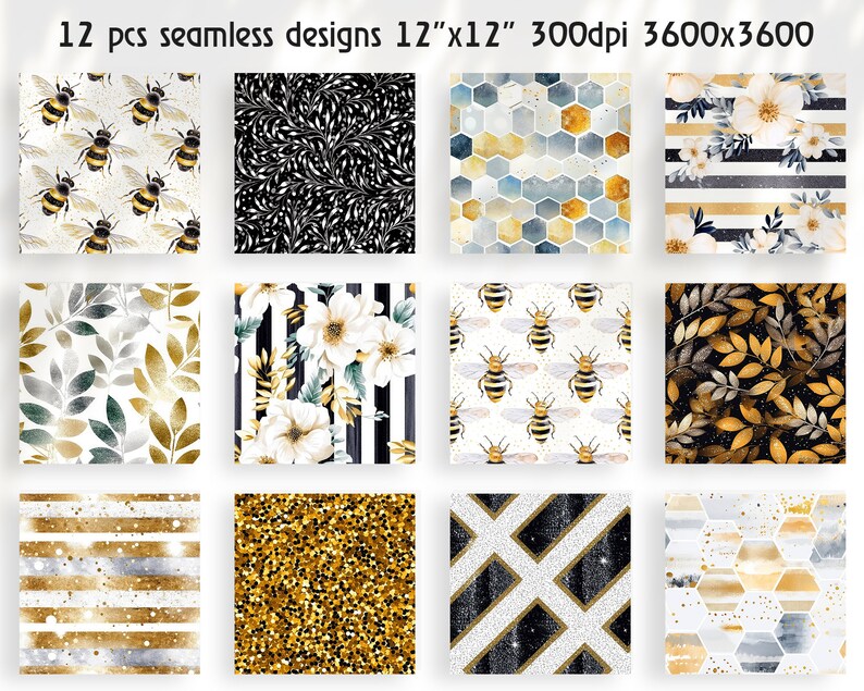 Bees Seamless Patterns, Bees Digital Papers, Bee Watercolor Clipart ...