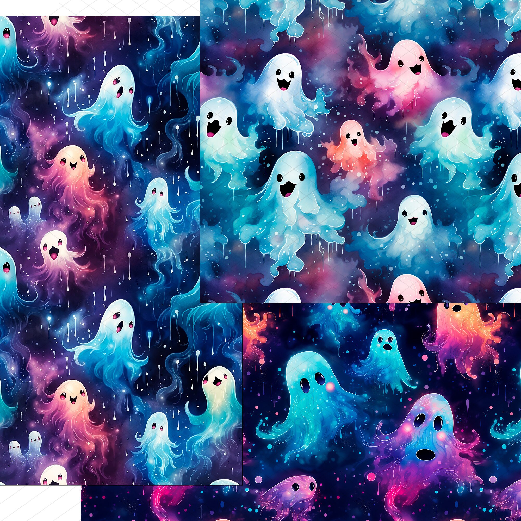 10 Crazy Ghosts Halloween Pattern, Watercolor Seamless Paper, Digital ...