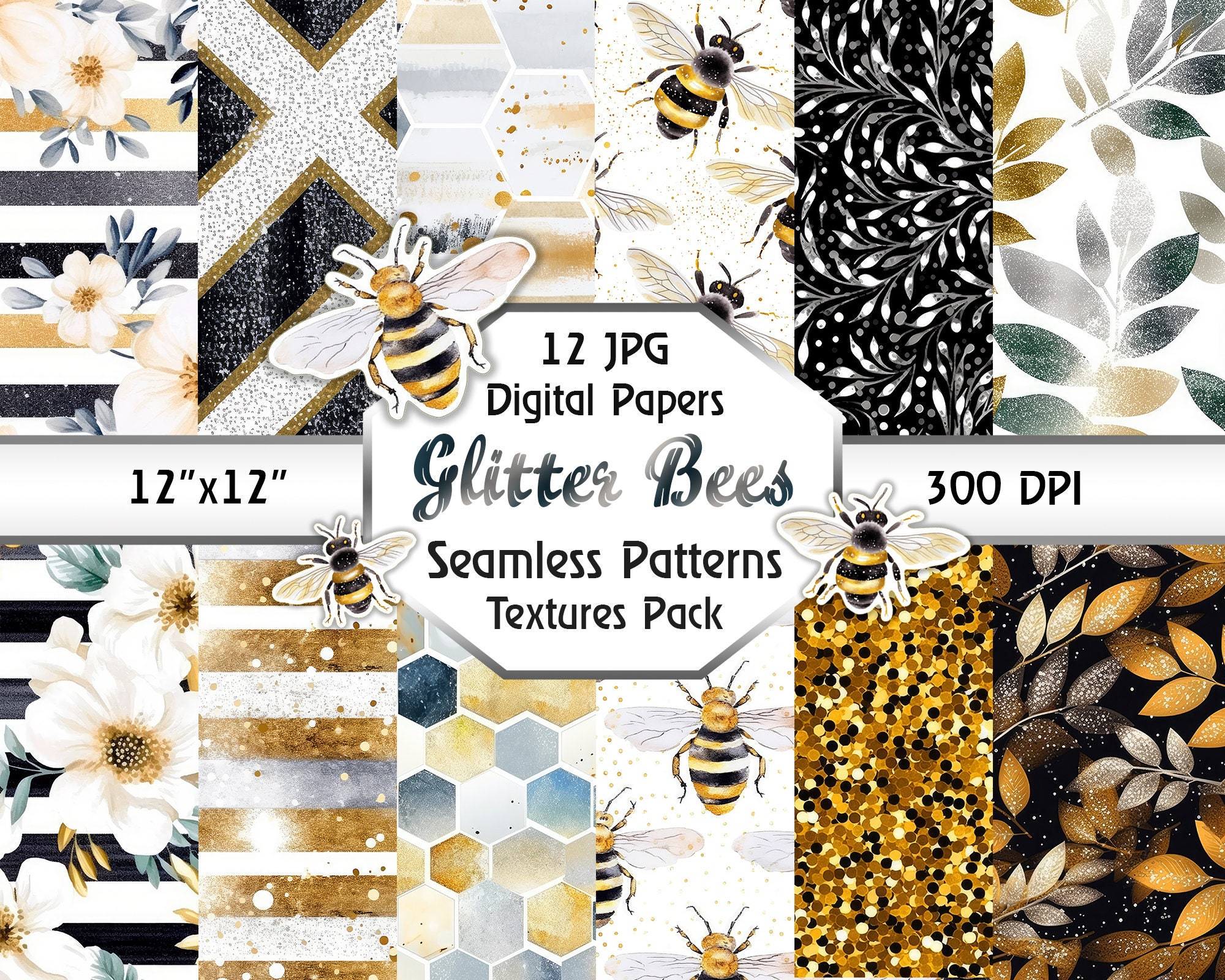 Bees Seamless Patterns, Bees Digital Papers, Bee Watercolor Clipart ...