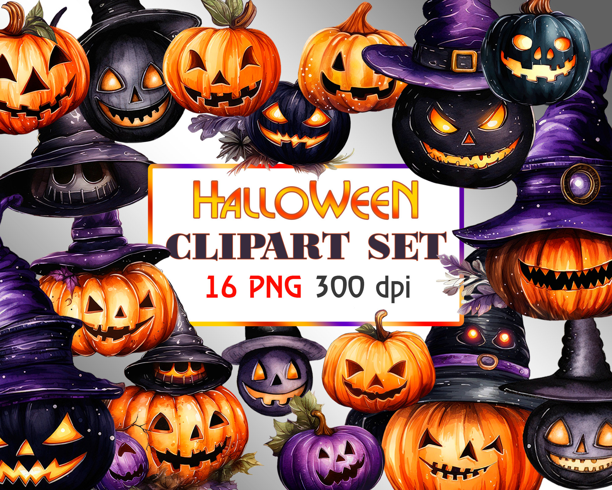 16 PNG Halloween Pumpkins Clipart Set Watercolor Cute - Etsy
