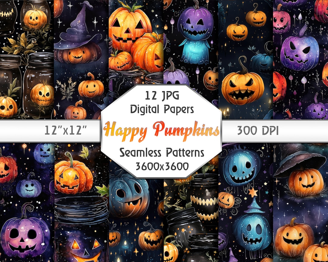 Happy Pumpkins Halloween 12 Seamless Patterns, Cute Digital Paper Pack ...