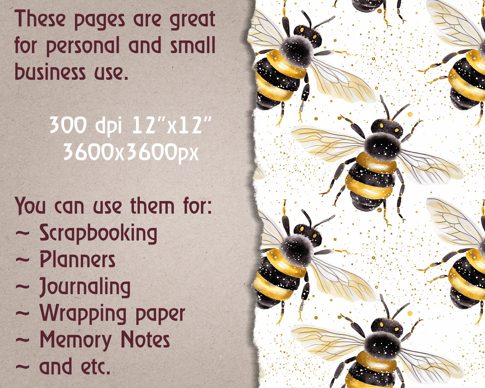 Bees Seamless Patterns, Bees Digital Papers, Bee Watercolor Clipart ...