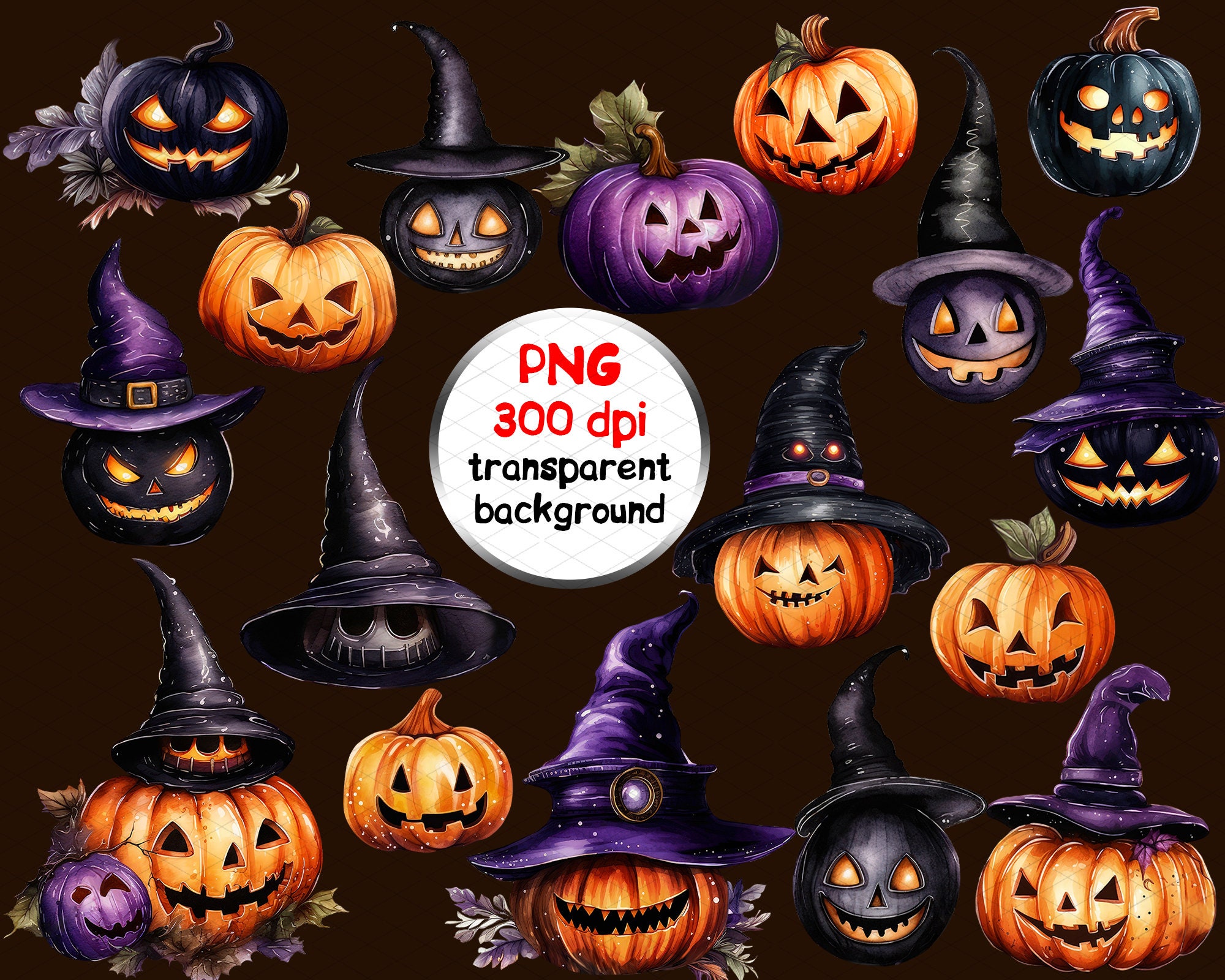 16 PNG Halloween Pumpkins Clipart Set Watercolor Cute - Etsy