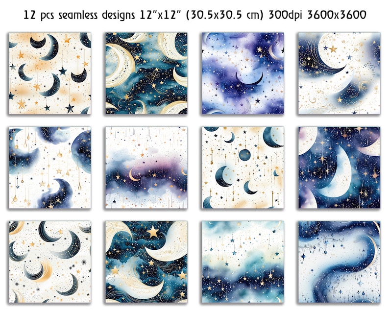 Celestial Starry Night Digital Paper, Magic Moon & Stars Seamless ...