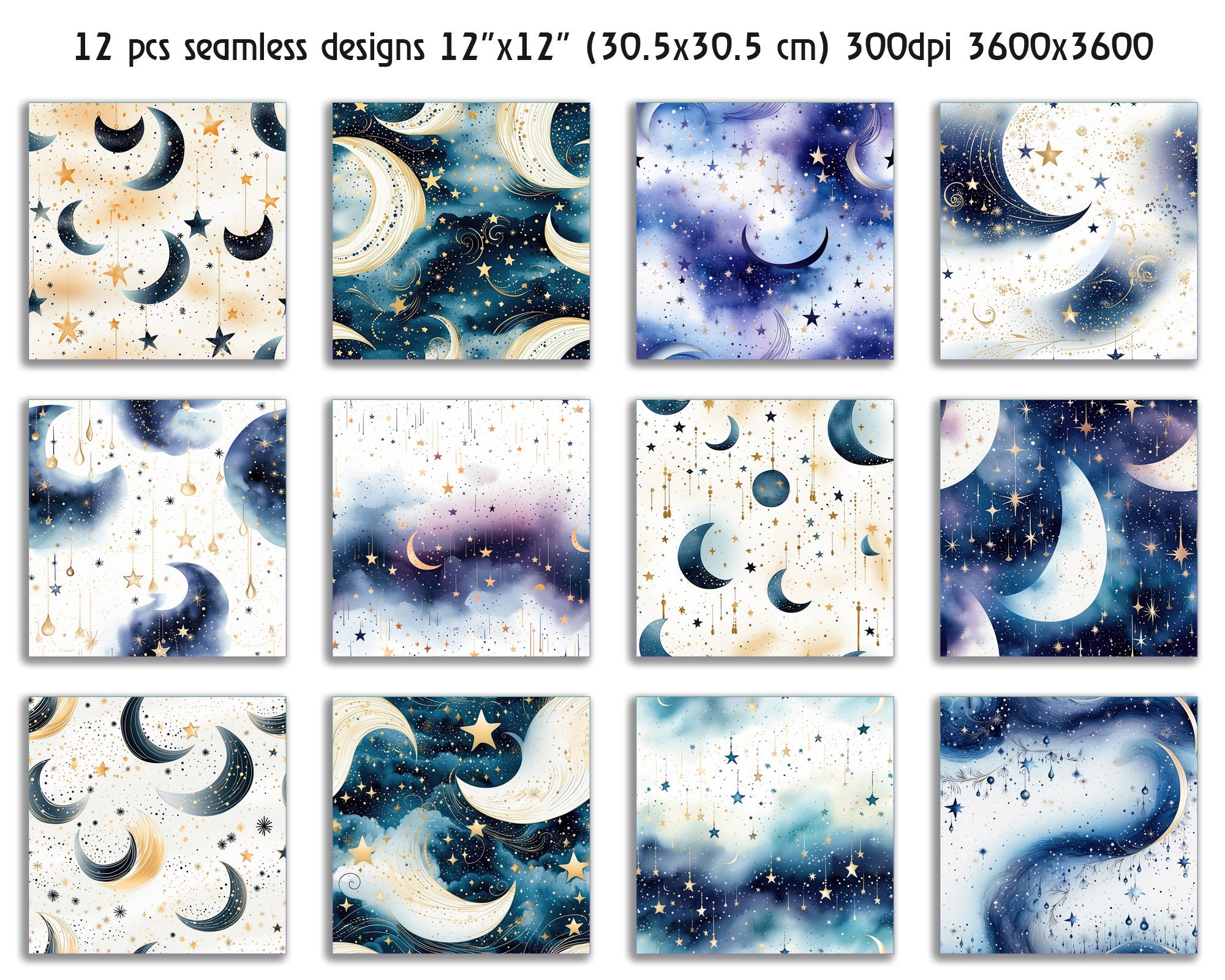 Celestial Starry Night Digital Paper, Magic Moon & Stars Seamless ...