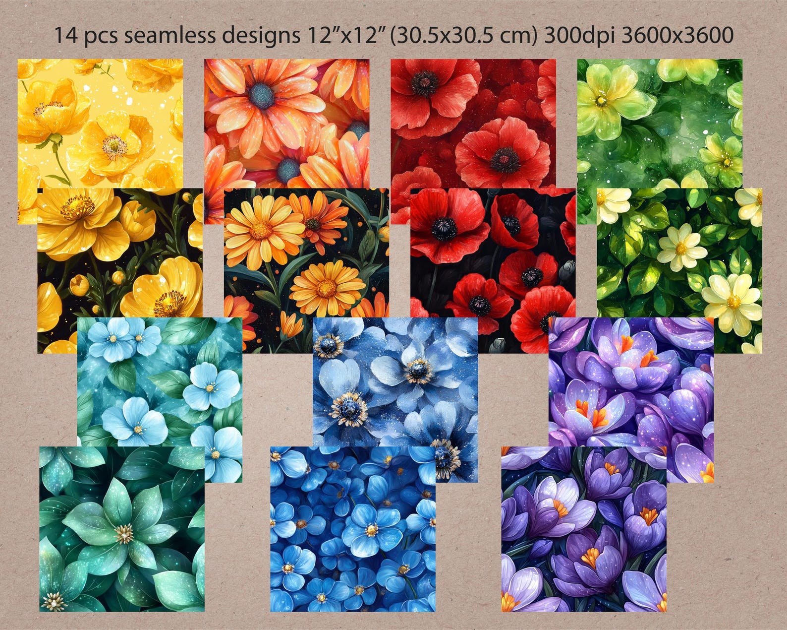 Floral Flowers Seamless Digital Paper Set - Rainbow Floral Seamless ...