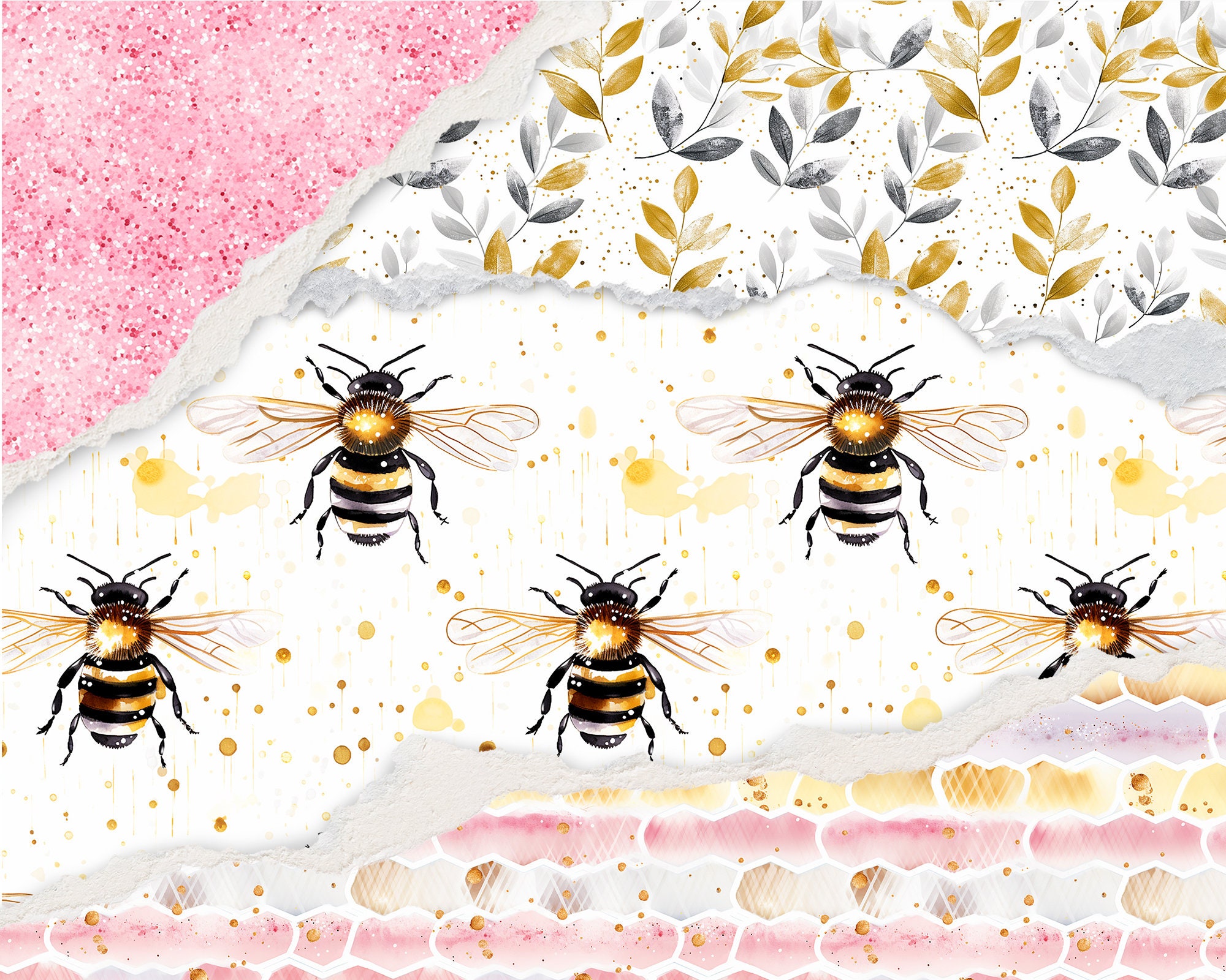 Seamless Gold Honey Bee Patterns, Printable Scrapbooking Digital Paper ...