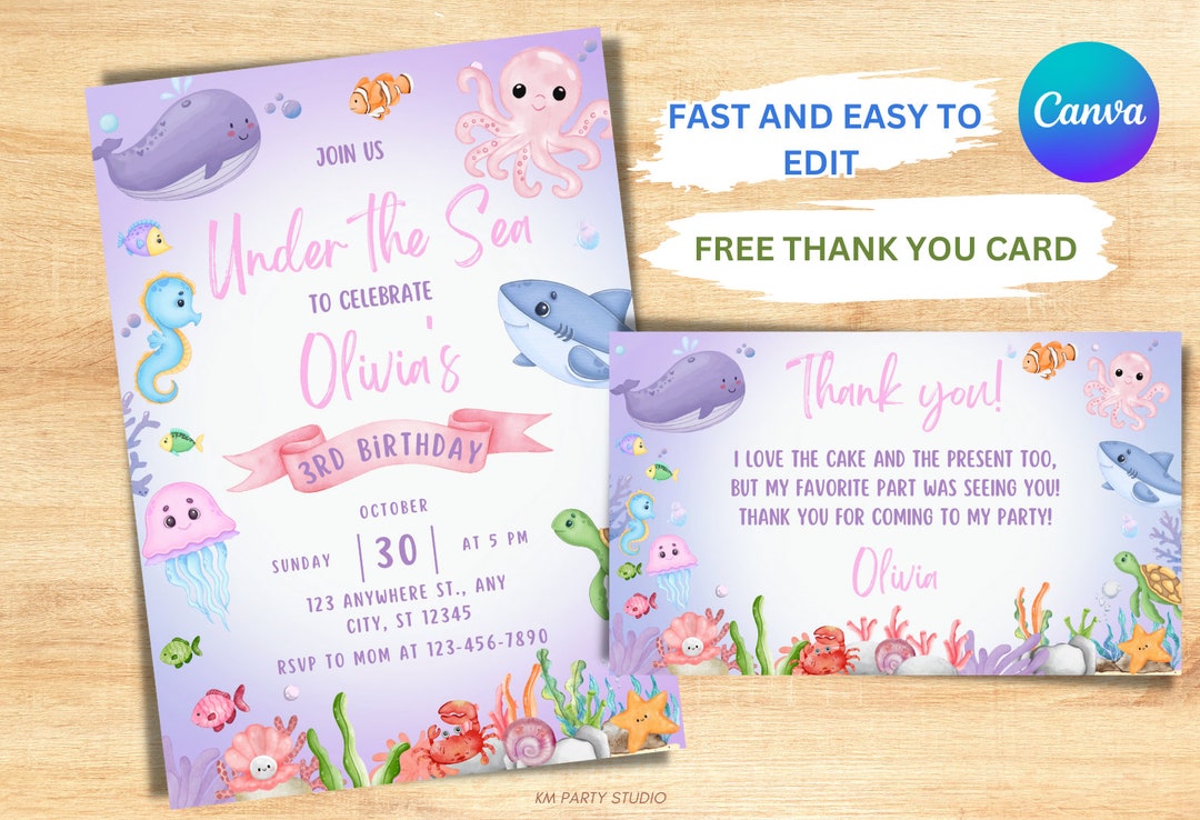 Under the Sea Birthday Invitation W/ Thank You Card, Editable Ocean ...