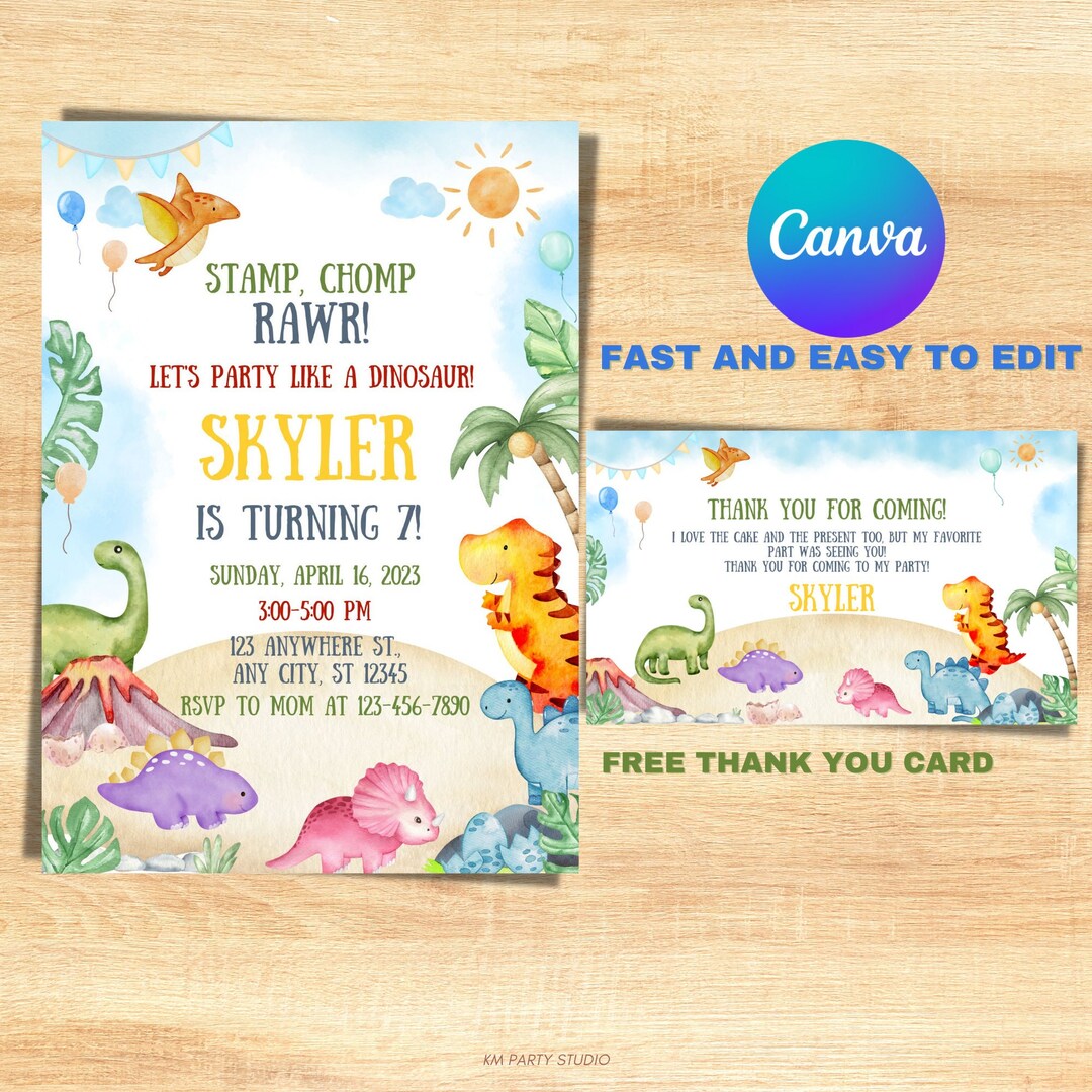 Dinosaur Birthday Party Invitation W/ Free Thank You Card, Editable ...