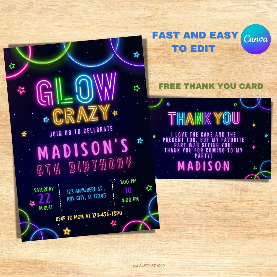Glow Party Birthday Invitation W/ Thank You Card, Glow Invitation, Glow ...