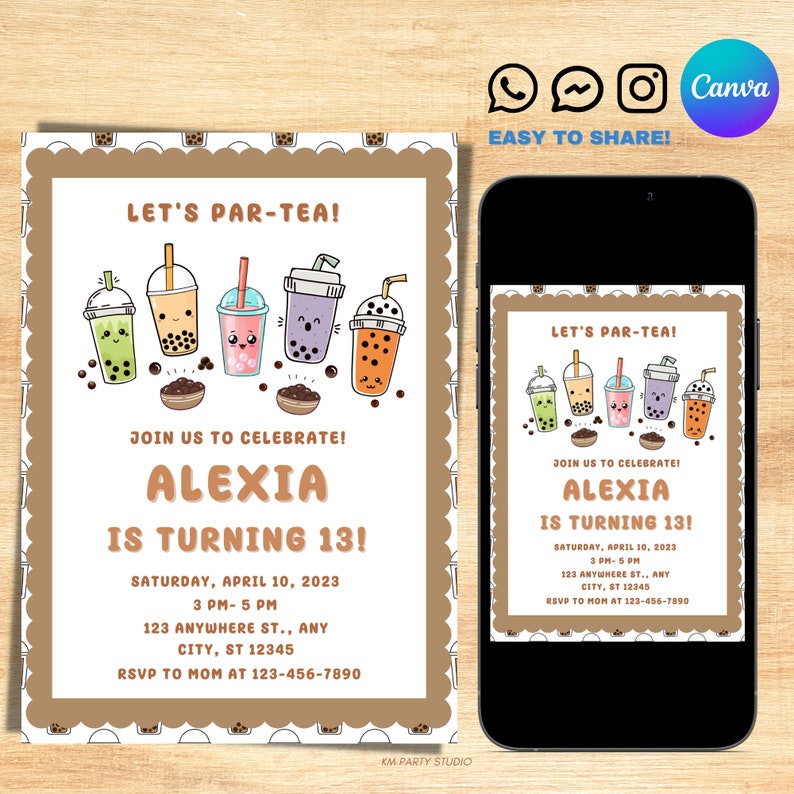 Editable Boba Tea Birthday Invitation, Bubble Tea Birthday Invitation ...