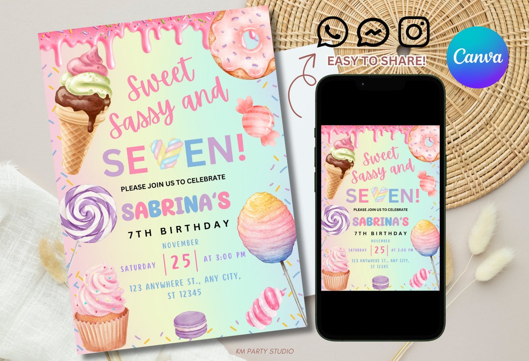 Candy 7th Birthday Invitation: Pink Purple Girl, Editable Template ...