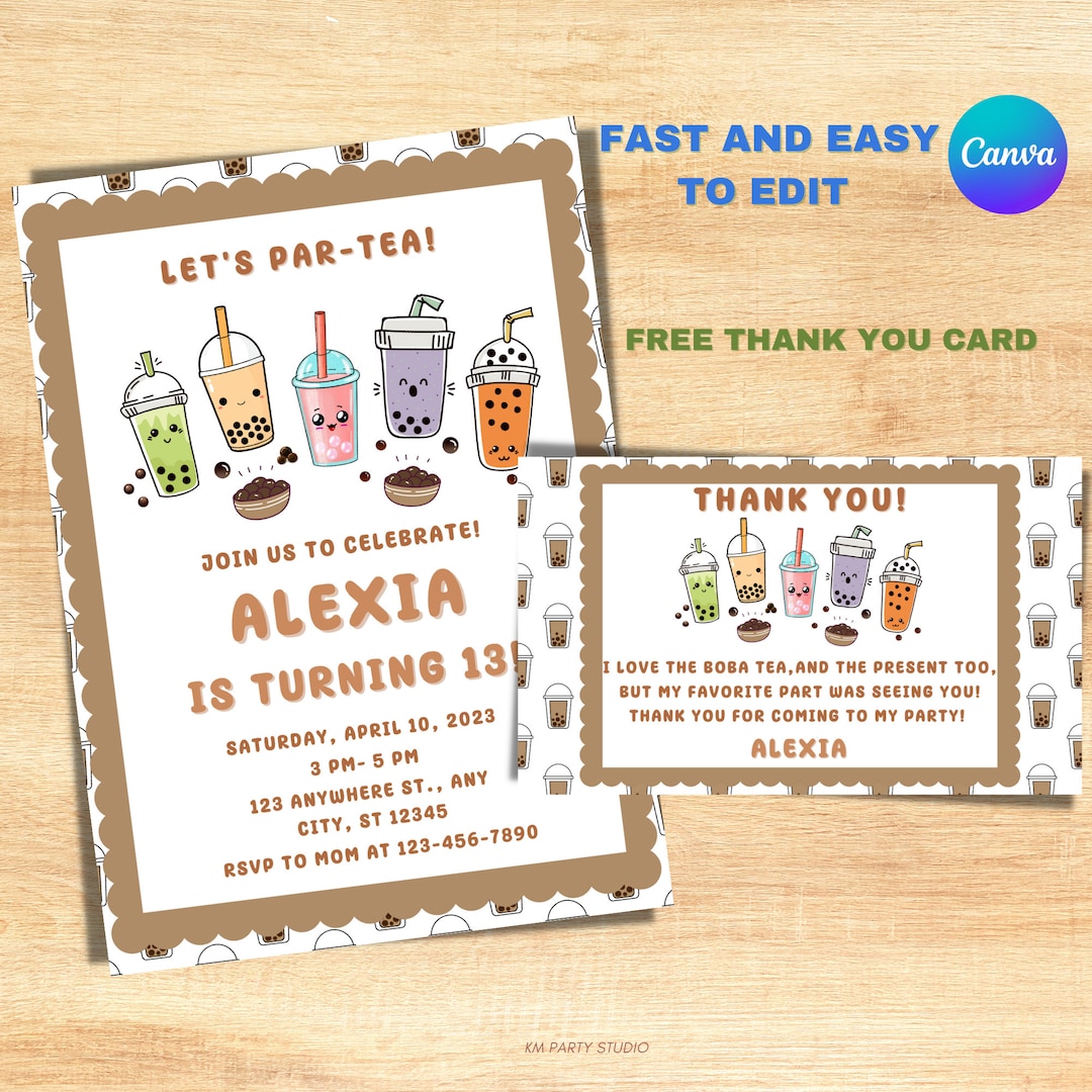 Editable Boba Tea Birthday Invitation, Bubble Tea Birthday Invitation ...