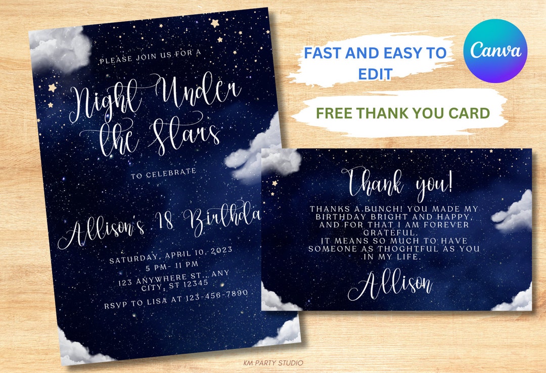 Starry Night Birthday Invitation Template With Thank You Card (digital ...