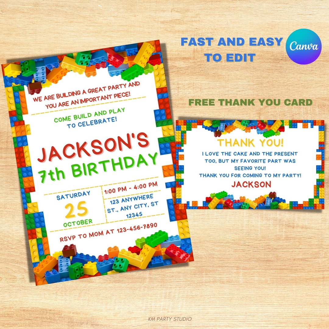 Building Blocks Invitation W/ Thank You Card, Blocks Birthday Invite ...