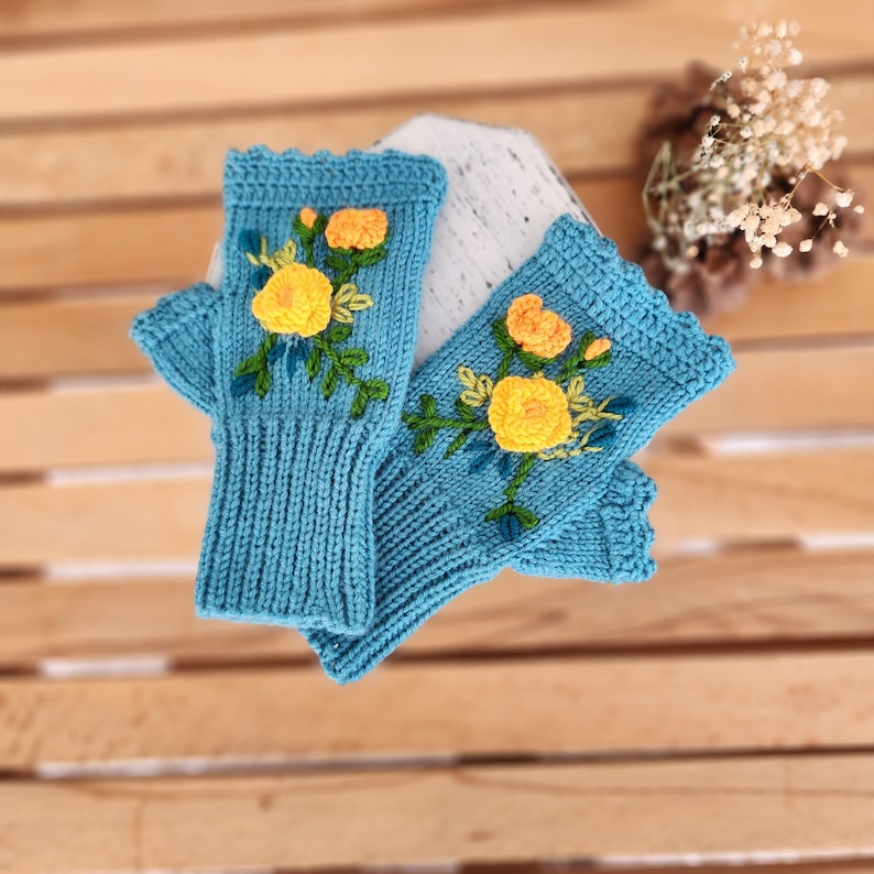 Embroidered Turquoise Fingerless Gloves: Hand-knitted Wool Blend Wrist ...