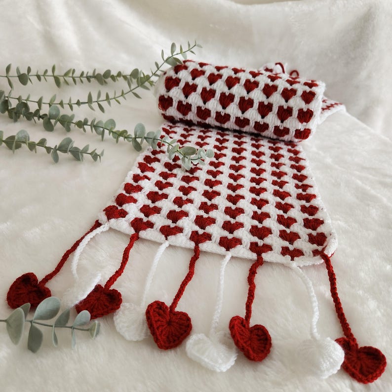 Handmade Crochet Heart Scarf With Red Heart Details, Romantic Valentine ...