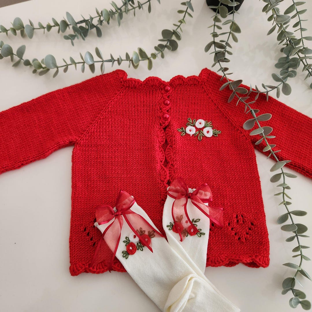 Hand-knitted Red Embroidered Baby Cardigan and Sock Set - Etsy