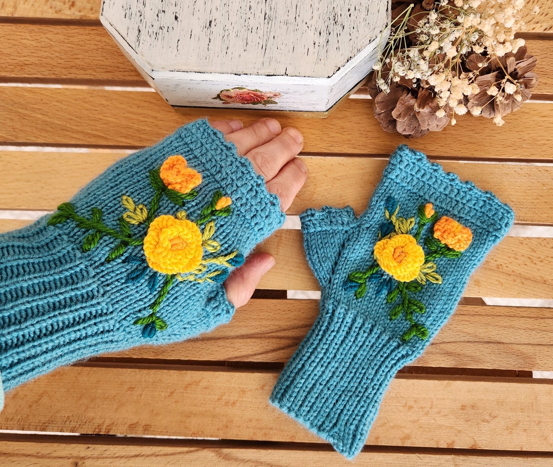 Embroidered Turquoise Fingerless Gloves: Hand-knitted Wool Blend Wrist ...