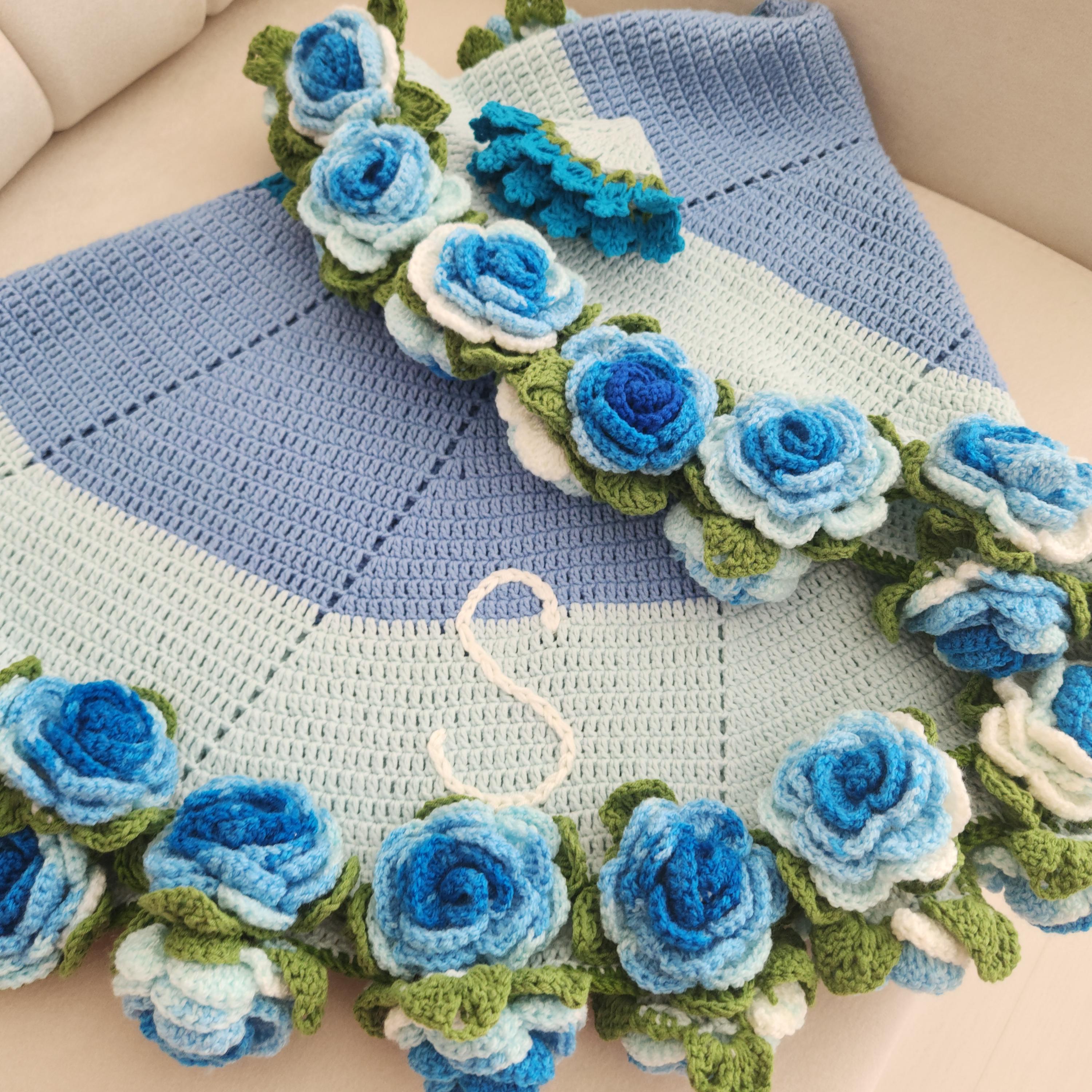 Crocheted Blue Rose Bouquet Blanket, Handmade Floral Throw, Organic ...