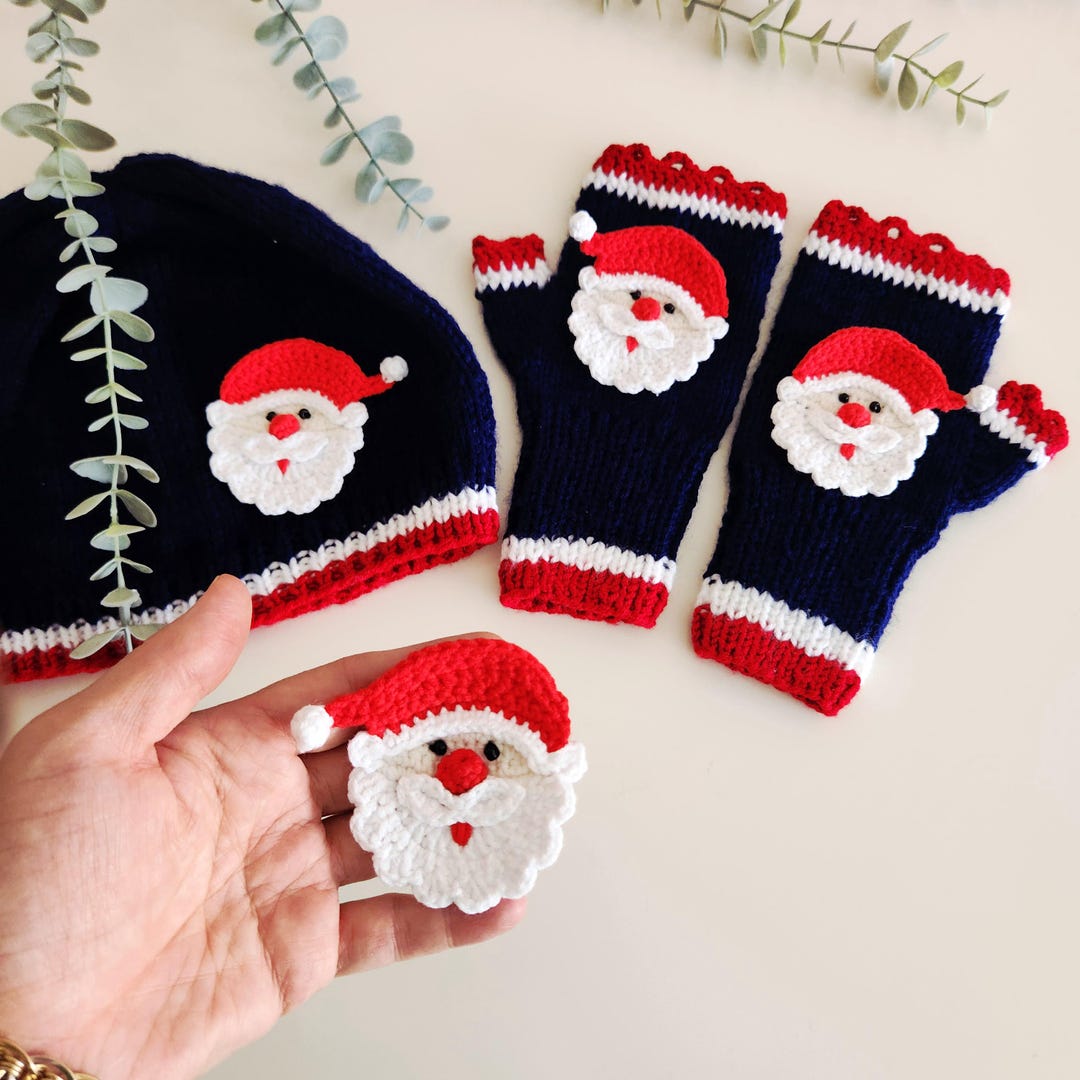 Hand-knitted Santa Hat & Fingerless Gloves Set - Navy Winter Family Set ...