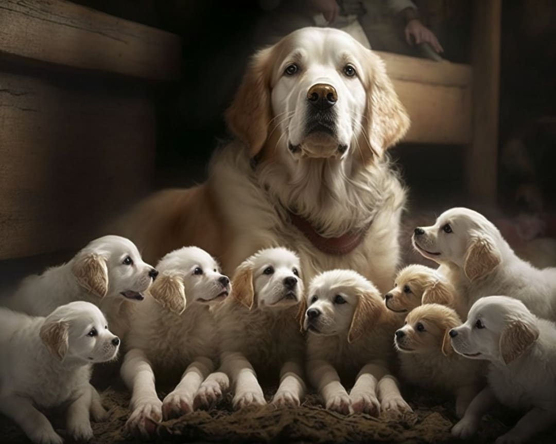 Dog Mom With Offspring, Puppy, Dog, Mural, Wall Art, Poster, DIGITAL ...