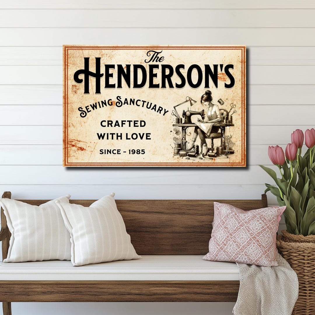 Personalized Vintage Sewing Room Sign Custom Family Name & Year Perfect ...