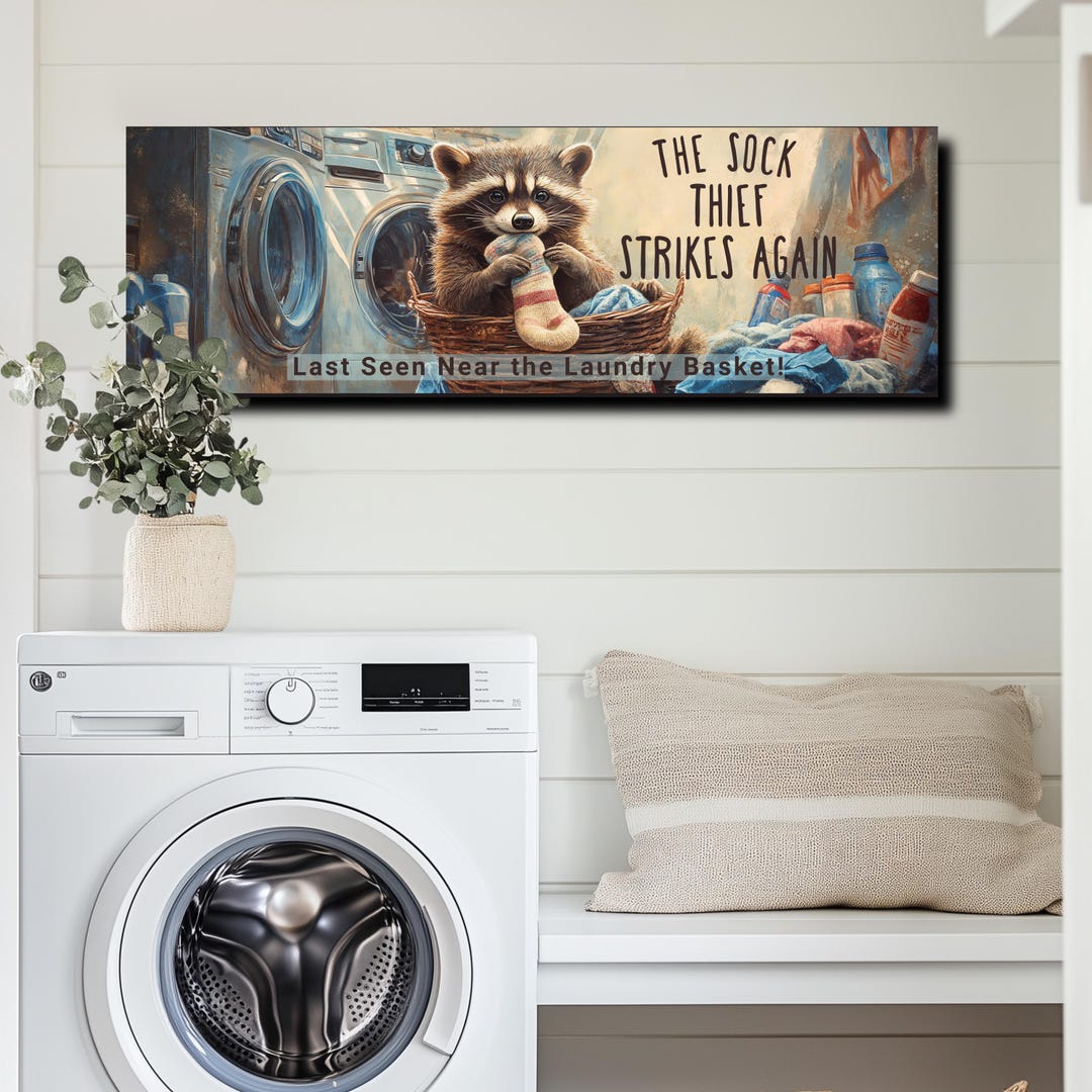 Funny Raccoon Sock Thief Canvas Print: Rustic Laundry Room Wall Art - Etsy