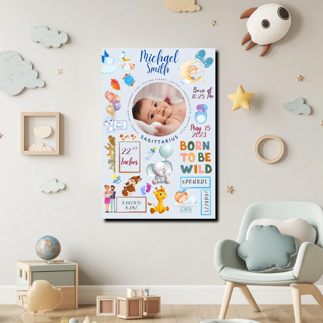 Personalized Name Baby Birth Chart Canvas Custom Newborn Stats Wall Art ...