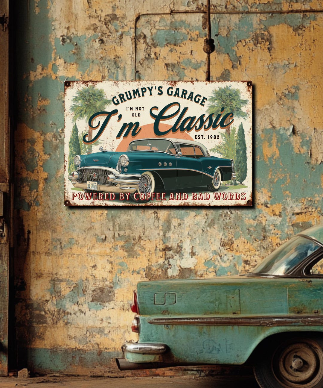 Father's Day Gift Grumpy's Garage Canvas Wall Art Personalized Classic Car Decor Sign Retro ...