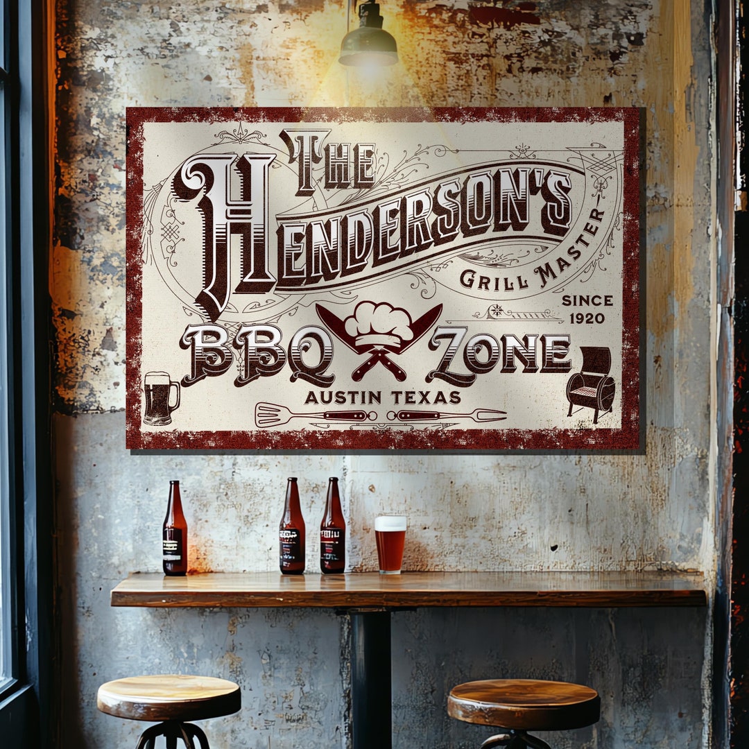 Personalized BBQ Zone Canvas Sign | Vintage Family Name Wall Art - Etsy